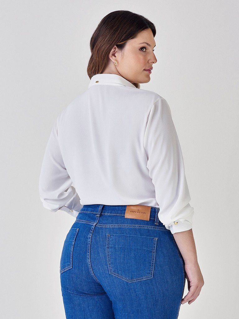 Camisa Plus Size Social Feminina Off White Botão Dourado Helena