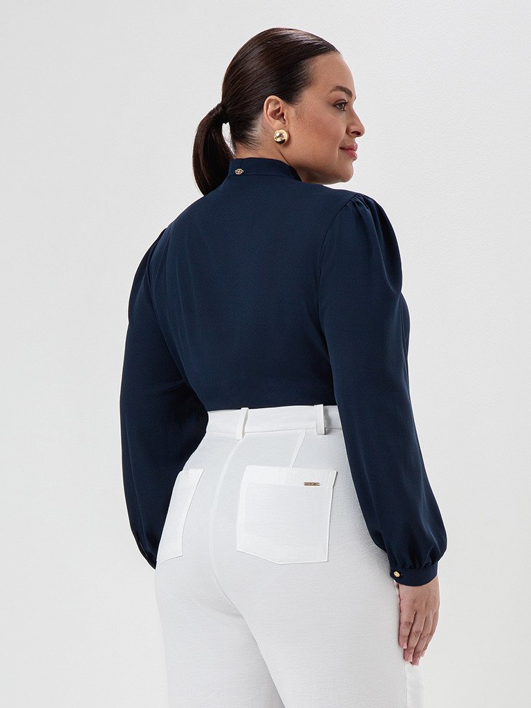 Blusa Manga Longa Gola Laço Marinho Plus Size Sandra